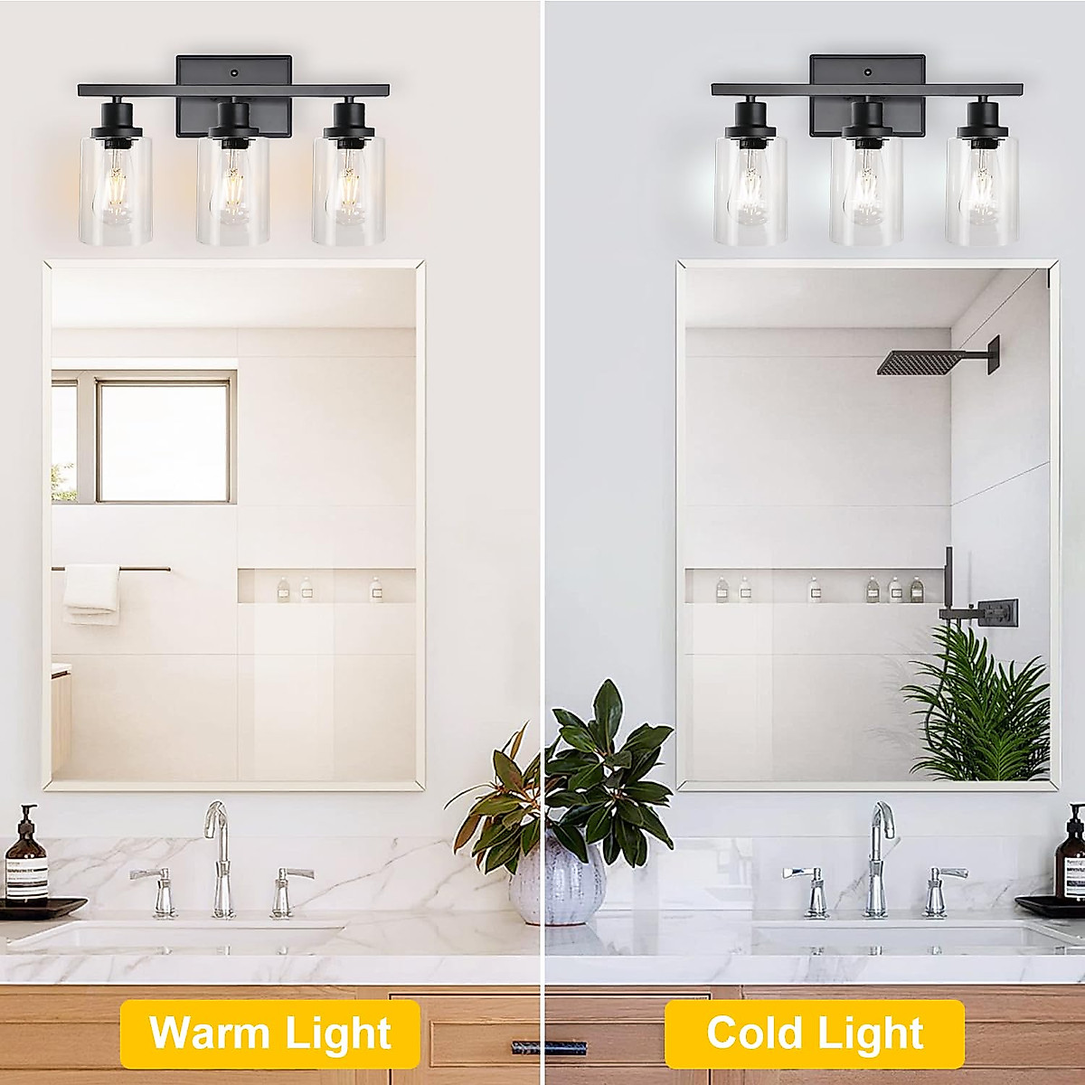 Ascher Bathroom Vanity Light Fixtures, 3 Light Wall Sconces Lighting with Clear Glass Shade, Black Wall Lights for Mirror, Kitchen, Living Room, Gallery, Hallway, E26 Base (Bulbs Not Included)