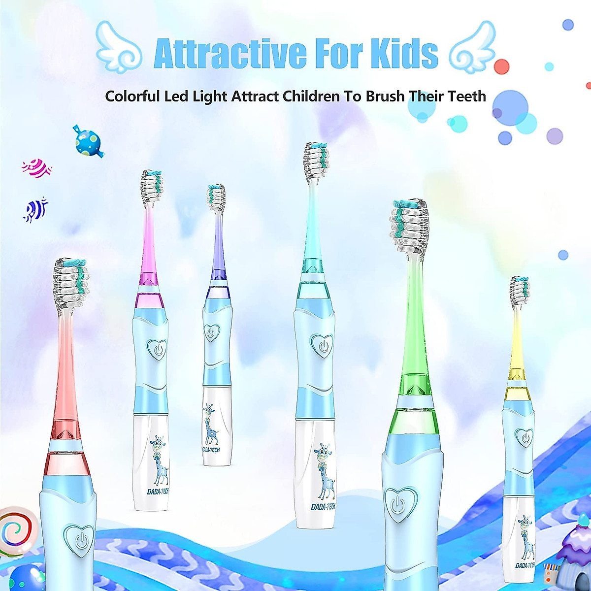 DADA-TECH Kids Electric Toothbrush Blue with Replacement Heads (DT-K6)