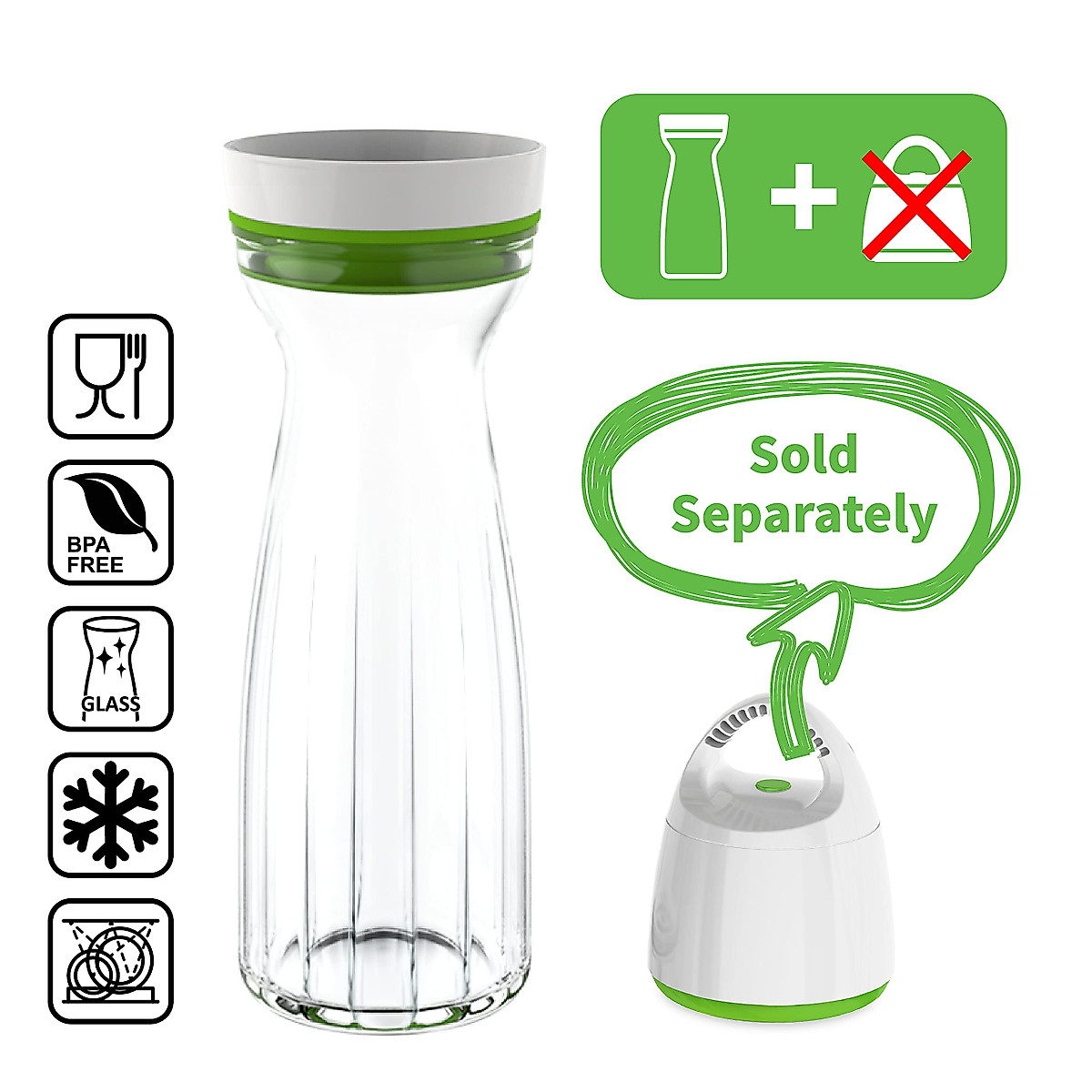 FOSA O2Go 1.2L (40oz) Vacuum Sealed Glass Jug with Lid, Glass Pitcher (Vacuum Pump not Included)