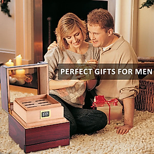 Hecai Wood Box Spanish Cedar Wood Storage Box Transparent Top Wood Case with Digital Hygrometer and Humidifiers-Hold up to 25-60 Counts