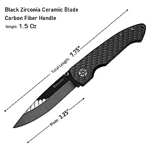 Cool Hand 4.5" Carbon Fiber Folding Knife w/ 3.25" Polished Black Zirconia Ceramic Blade, Liner Lock Mechanism, w/Pocket Clip, Gift Box Packing