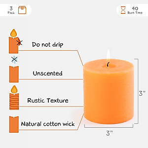 CANDWAX 3x3 Pillar Candle Set of 3 - Decorative Rustic Candles Unscented and No Drip Candles - Ideal as Wedding Candles or Large Candles for Home Interior - Orange Candles