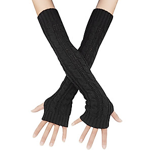 Womens Lady's Long Sleeve Fingerless Arm Warmers Gloves, One Size Black