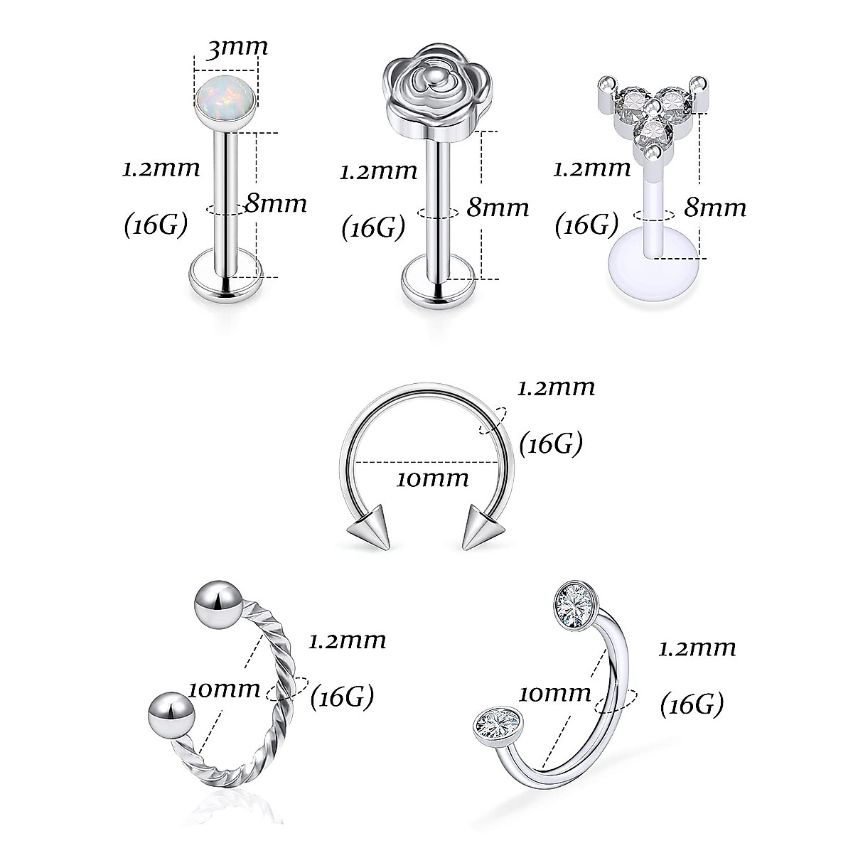 Vsnnsns 16G Lip Rings Stainless Steel Opal Horseshoe Labret Monroe Lip Rings Nail Cartilage Tragus Helix Earrings Studs Septum Ring Medusa Piercing Jewelry Retainer For Women Men Silver 8mm 26PCS