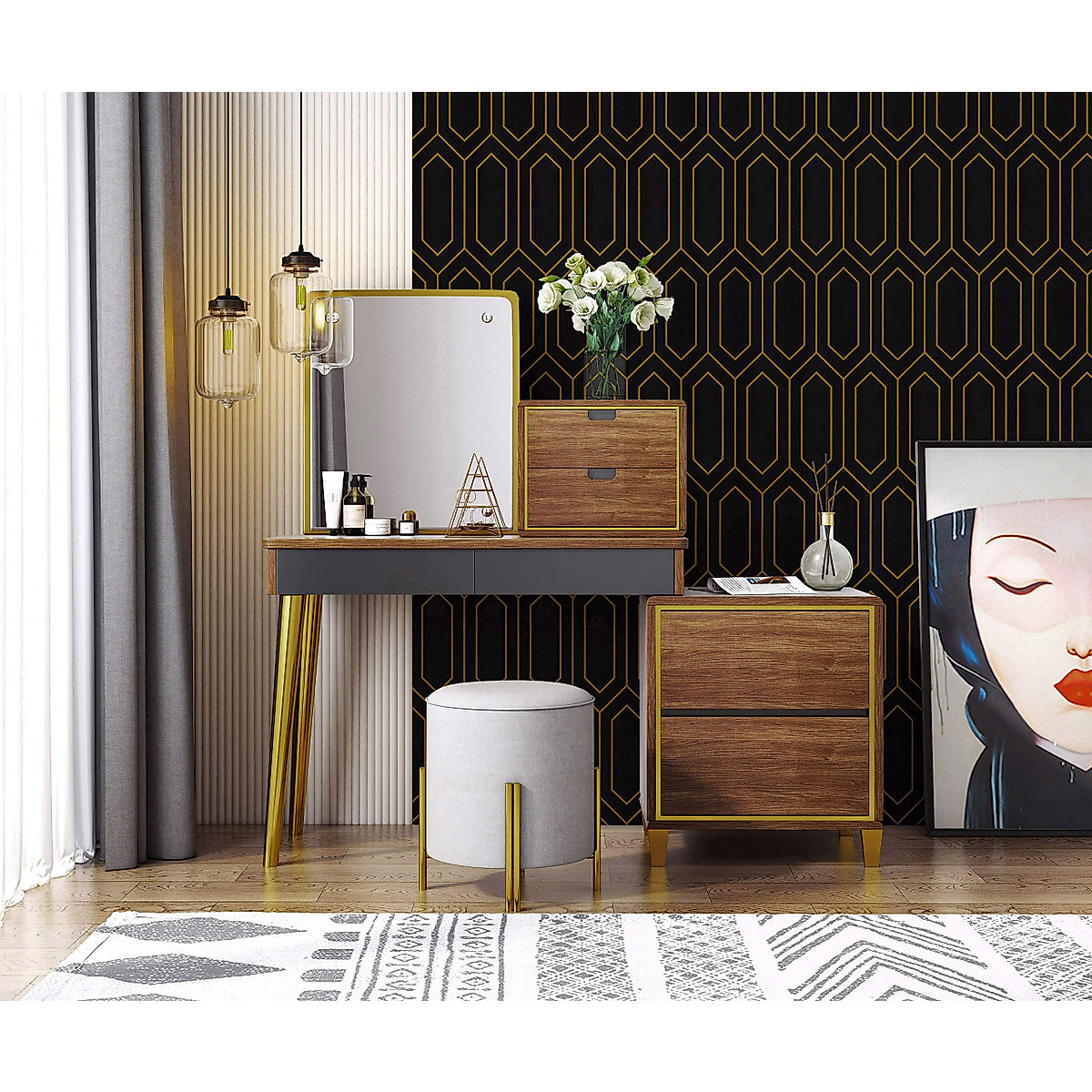 Safiyya Peel and Stick Wallpaper Geometric Wallpaper Gold and Black Contact Paper Gold Black Textured Wallpaper Self Adhesive Removable Wallpaper for Wall Furniture Vinyl Roll 118"x17.3"