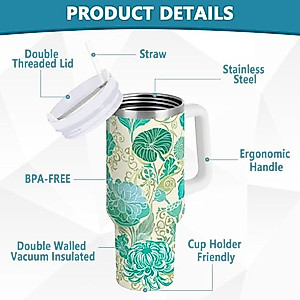 Vacuum Insulated Tumbler 30 Oz with Handle and Straw Lid, Retro Teal Floral