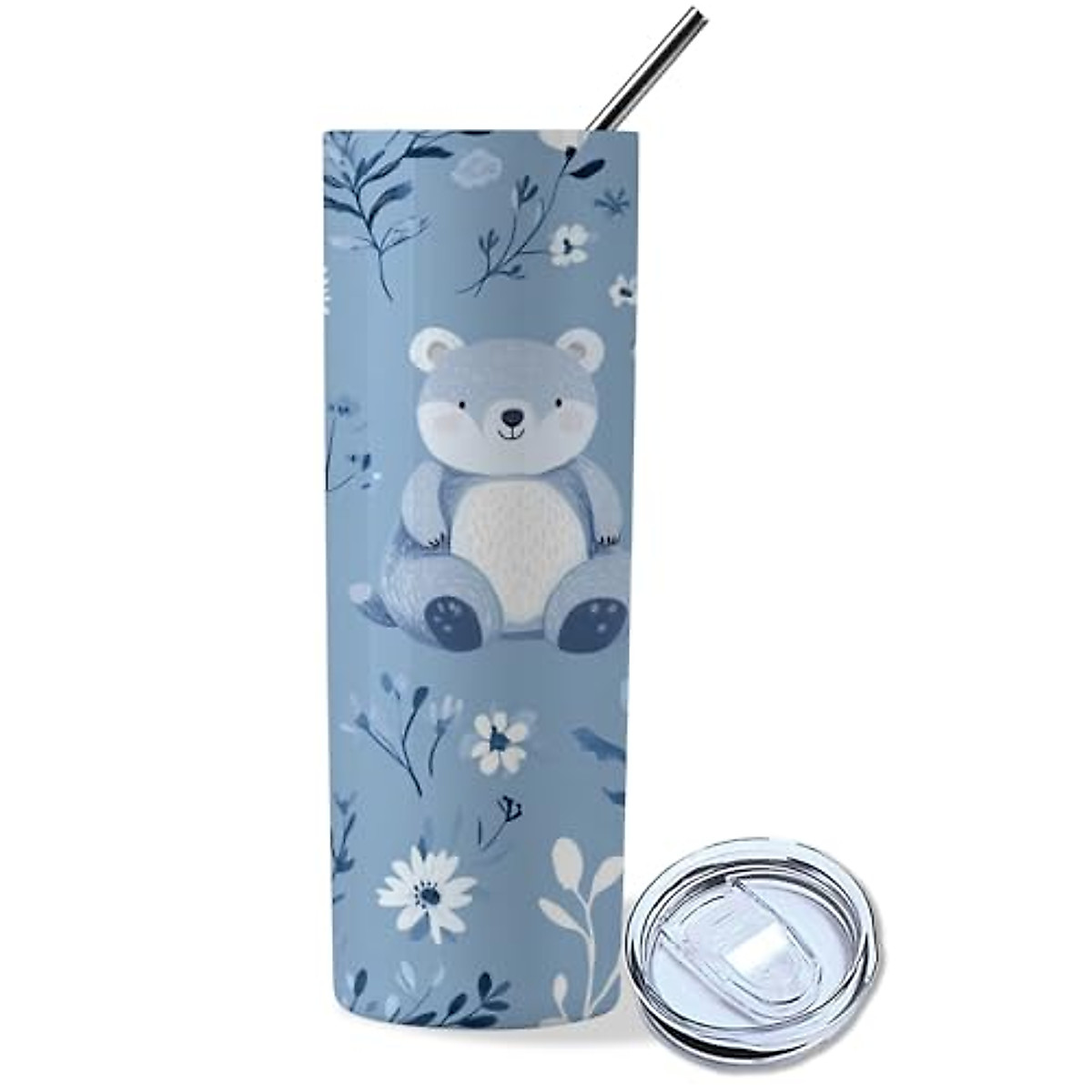 Tumbler with Lid and Straw Cartoon Bear Flowers and Plants thermos coffee travel mugcute cups 20 oz insulated tumbler for Daily Holiday Decor Gift coffee cup