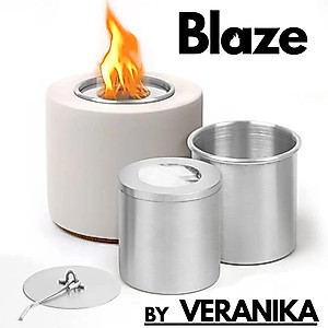 Blaze Tabletop Firepit Small Round Concrete Portable Fire Bowl Fireplace in Light Grey with Cork Mat, Cover Included - Perfect for Outdoor Patio, Indoor Patio, Garden & Lawn Décor, Patio & Room Décor.