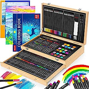 Art Supplies, iBayam 150-Pack Deluxe Wooden Art Set Crafts Drawing Painting Kit with 1 Coloring Book, 2 Sketch Pads, Creative Gift Box for Adults Artist Beginners Kids Girls Boys