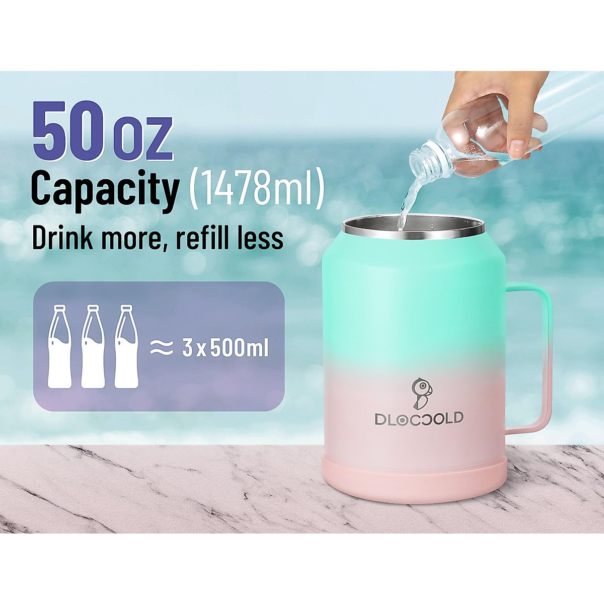 DLOCCOLD 50 oz Mug Tumbler with Handle and Lid, Large Insulated Tumbler with Straw, Reusable Stainless Steel Big Tumbler, Double Wall Metal Travel Jug Water Bottle, Sweat-proof, Dishwasher Safe