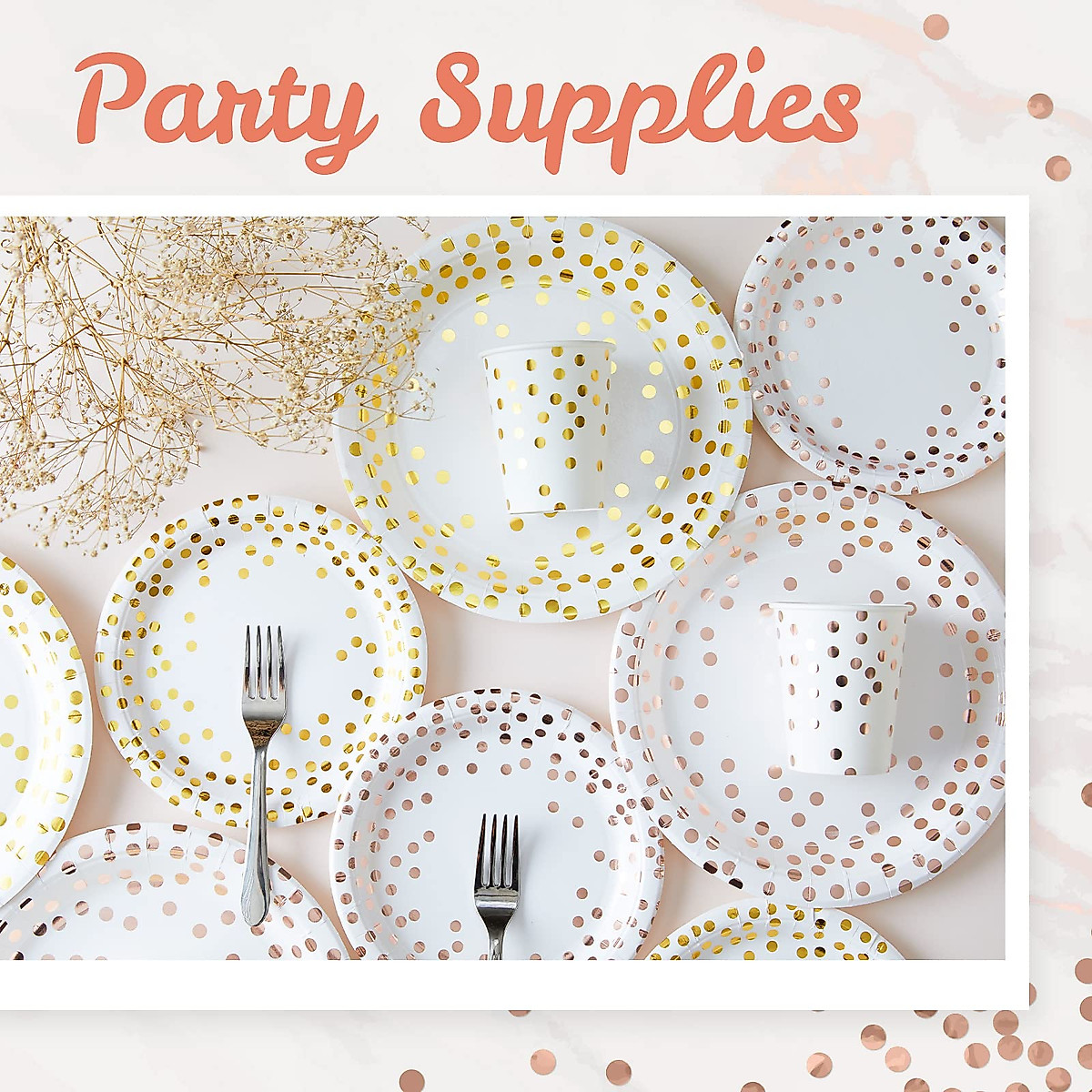 MATICAN Party Paper Plates, 50-Pack Disposable White and Rose Gold Plates, Foil Polka Dots, 9-Inch