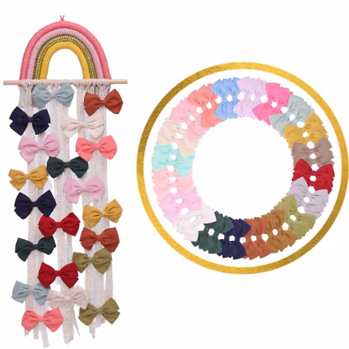 Boho Macrame Bow Holder & 20 Colors Linen Pigtail Bows | Wall Hanging Hair Clip Headband Rainbow Hanger Organizer Piggy Pig Tails Barrettes (Rainbow A)