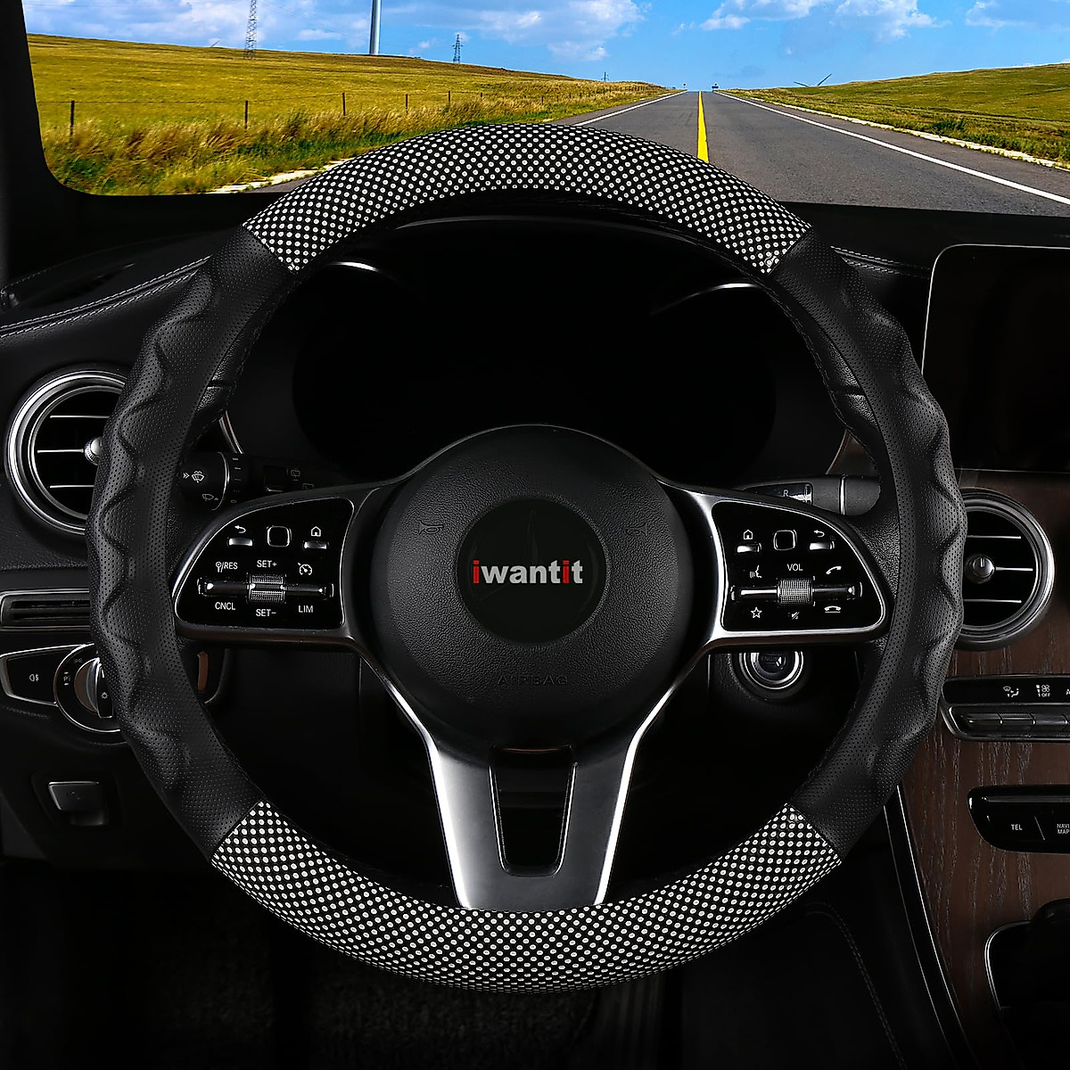 iwantit Black Car Seat Neck Pillow and The Black/White Gel Steering Wheel Cover