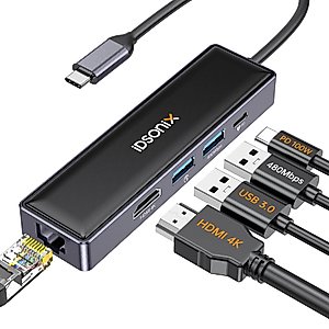 USB C Hub for Laptop, iDsonix 5 in 1 USB Hub with 4K HDMI, PD 100W, 2 USB 2.0, Gigabit Ethernet for MacBook Pro/Air, XPS, Type-C Devices and More