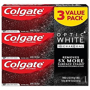 Colgate Optic White with Charcoal Whitening Toothpaste, Cool Mint Flavor, Safely Removes Surface Stains, Enamel-Safe for Daily Use, Teeth Whitening Toothpaste with Fluoride, 3 Pack, 4.2 Oz Tube