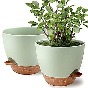 Giraffe Creation 9 inch Plant Pots 2-Pack, Self Watering Flower Pots Indoor Outdoor, Planters with Drainage Hole Saucer Reservoir, Green Brown