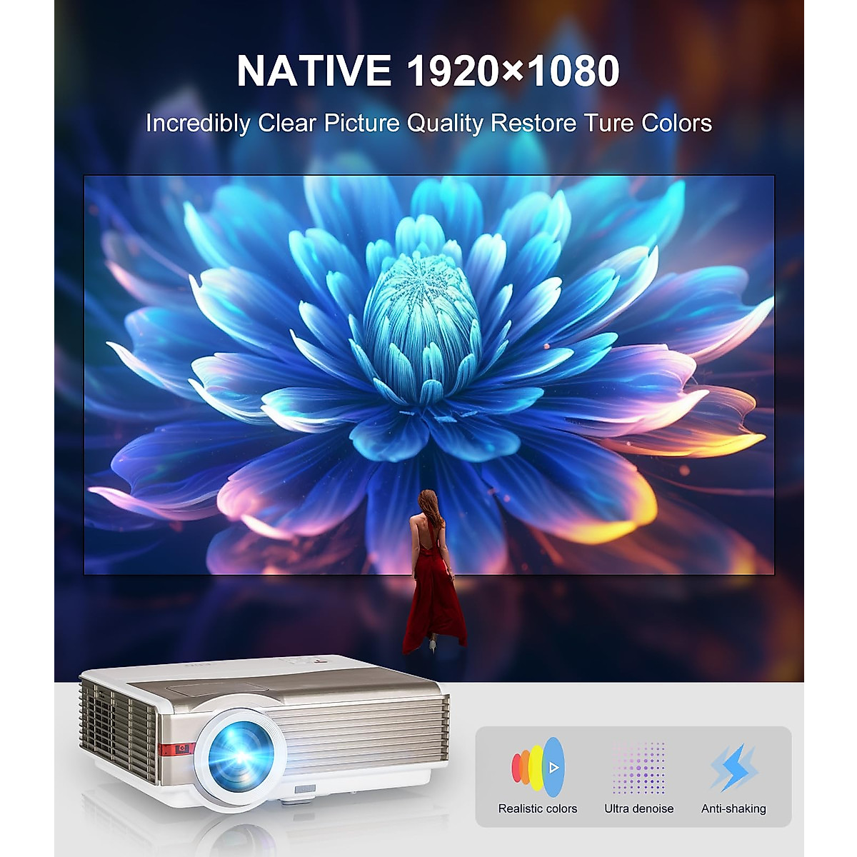 Native 1080P Full HD WiFi and Bluetooth Outdoor Projector with Speaker, 9000 Lumen Movie Projector for Home Theater, Compatible with iOS/Android/Laptop/HDMI/PC/TV Stick/USB