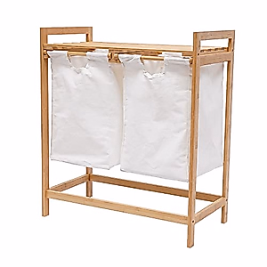 Bamboo Laundry Hamper with Shelf, Dual Compartments Laundry Organizer and Storage, Bamboo Laundry Sorter with Sliding Handles Utility Laundry Storage Organizer for Bathroom Bedroom