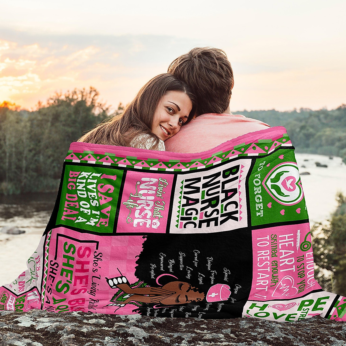 VMASUEY Nurse Gifts Blanket 60"x50", Nurses Week Gifts, Black Nurse Appreciation Gifts, Pink and Green Blanket for Black Girl Nurse Practitioner Gift, African American Nurse Graduation