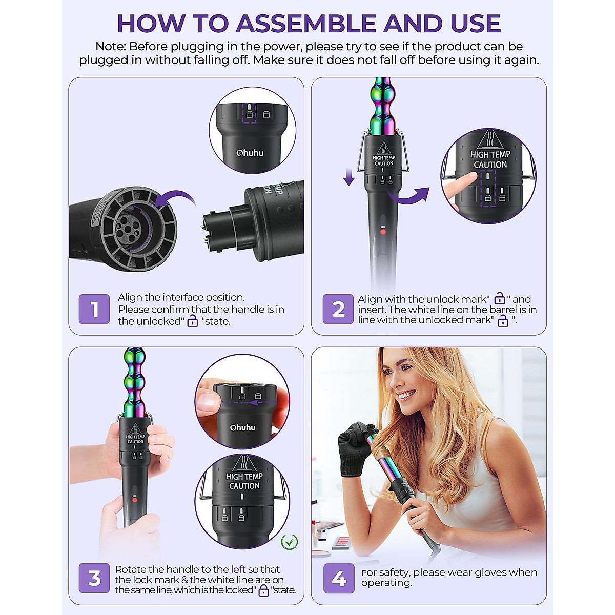 5 in 1 Curling Wand Set: Ohuhu Curling Iron Wand 5Pcs 0.35 to 1.25 Inch Interchangeable Ceramic Barrel Heat Protective Glove 2 Clips Dual Voltage Hair Curler for Girls Women Rainbow