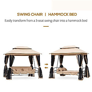 Outsunny 3-Seat Patio Swing Chair, Outdoor Gazebo Swing with Double Tier Canopy, Mesh Sidewalls, Cushioned Seat and Pillows, Beige