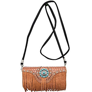 Western Style Fringe Conchos Leather Concealed Carry Purse Country Handbag Women Shoulder Bag Wallet Set (Brown)