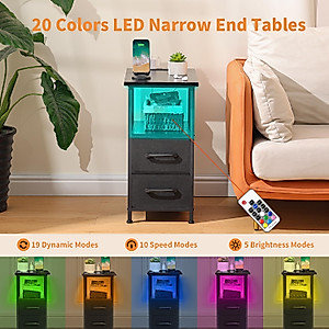 LAKEMID Narrow Side Table Set 2 with LED Light and USB C Port, Night Stand with Charging Station, Skinny End Table with 2 Fabric Drawers, for Bedroom, Living Room, Black