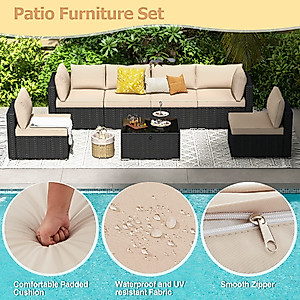 RYNSTO 7 Piece Patio Furniture Set with Adjustable Bracket Brown Rattan Wicker Patio Conversation Sets Sectional Sofa Set with Table and Cushions for Porch Lawn Garden, Beige