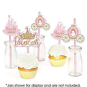 Little Princess Crown - Paper Straw Decor - Pink and Gold Princess Baby Shower or Birthday Party Striped Decorative Straws - Set of 24
