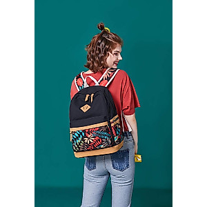 LuckyZ Women Casual Backpack Lightweight School Bookbag Canvas Leather Daykpack Cute Printng Travel Shoulder Rucksacck Leaf Black Medium