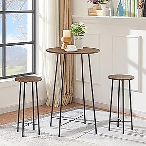 VECELO Small Bar Table and Chairs, Round Bistro Sets with 2 barstools, 3-Piece Pub Dining Furniture, Counter Height Wood Top for Breakfast Dinner Coffee Nap Conference, Easy Assembly