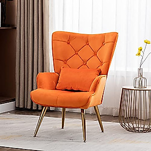 Artechworks Velvet Buttoned Accent Arm Chair with Golden Legs & Pillow, High Back Living Room Bedroom Chairs, Modern Leisure Chair for Living/Dining/Lounge Room,Office,Orange Color