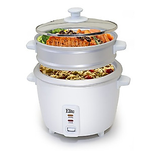 Maxi-Matic Elite Gourmet ERC-003ST Electric Rice Cooker & Steamer w/Automatic Keep Warm Makes Soups, Stews, Grains, Cereals, 6 Cooked (3 Cups Uncooked), 6 Cups Cups), White