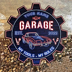 V VIBEPY-All Over Printed Personalized Garage Sign, My Tool My Rules US Flag, Car Garage Wooden Sign, 12x12", 18x18", Dad Garage Signs, Garage Signs Vintage, Garage Storage Sign, Father Garage Sign, Garage Sign For Men, Man Cave,Game Room Decor Father Day