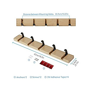 JSVER Wooden Coat Hooks Coat Rack Wall Mount, Space-Saving Coat Rack with 5 Standard Retractable Hooks, Hat Coat Hook for Entryway, Hallway, Bathroom, Living Room, Bedroom