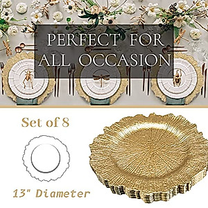 MAONAME 13" Gold Charger Plates Set of 8, Round Reef Chargers for Dinner Plates, Plastic Plate Chargers for Table Setting, Wedding Decor