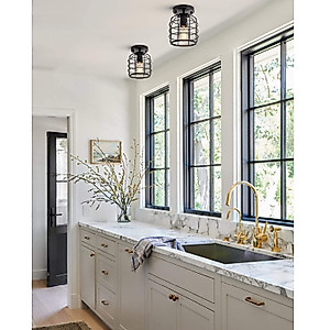 Industrial Black Semi Flush Mount Ceiling Light, Farmhouse Mini Cage Ceiling Lighting Fixture, Vintage Caged Ceiling Lamp for Entryway, Kitchen, Bedroom, Laundry Room, Hallway, Dining Room