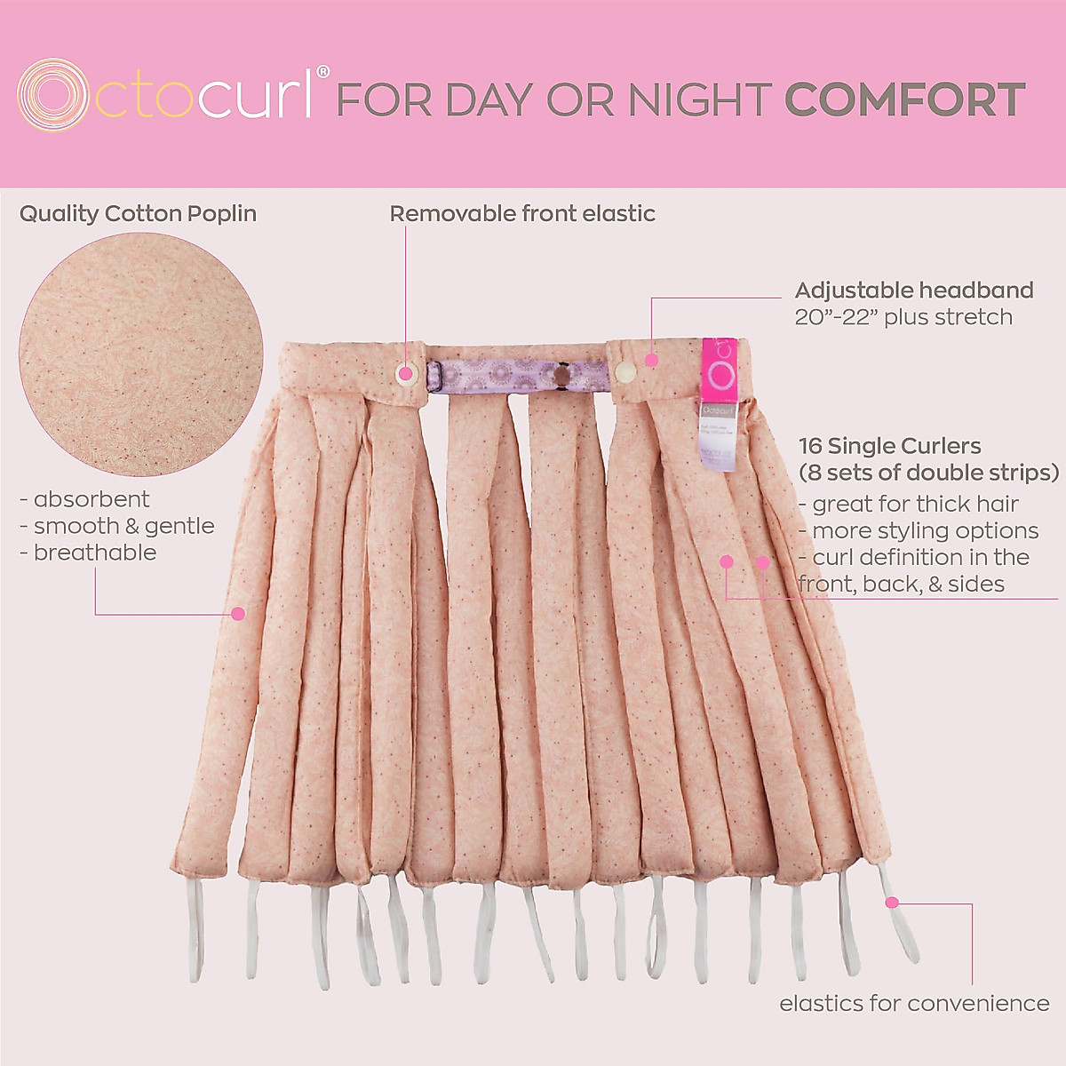 Octocurl Heatless Curls Headband - Hair Curlers to Sleep In - Heatless Curlers for Long Hair (Cotton - Pink)