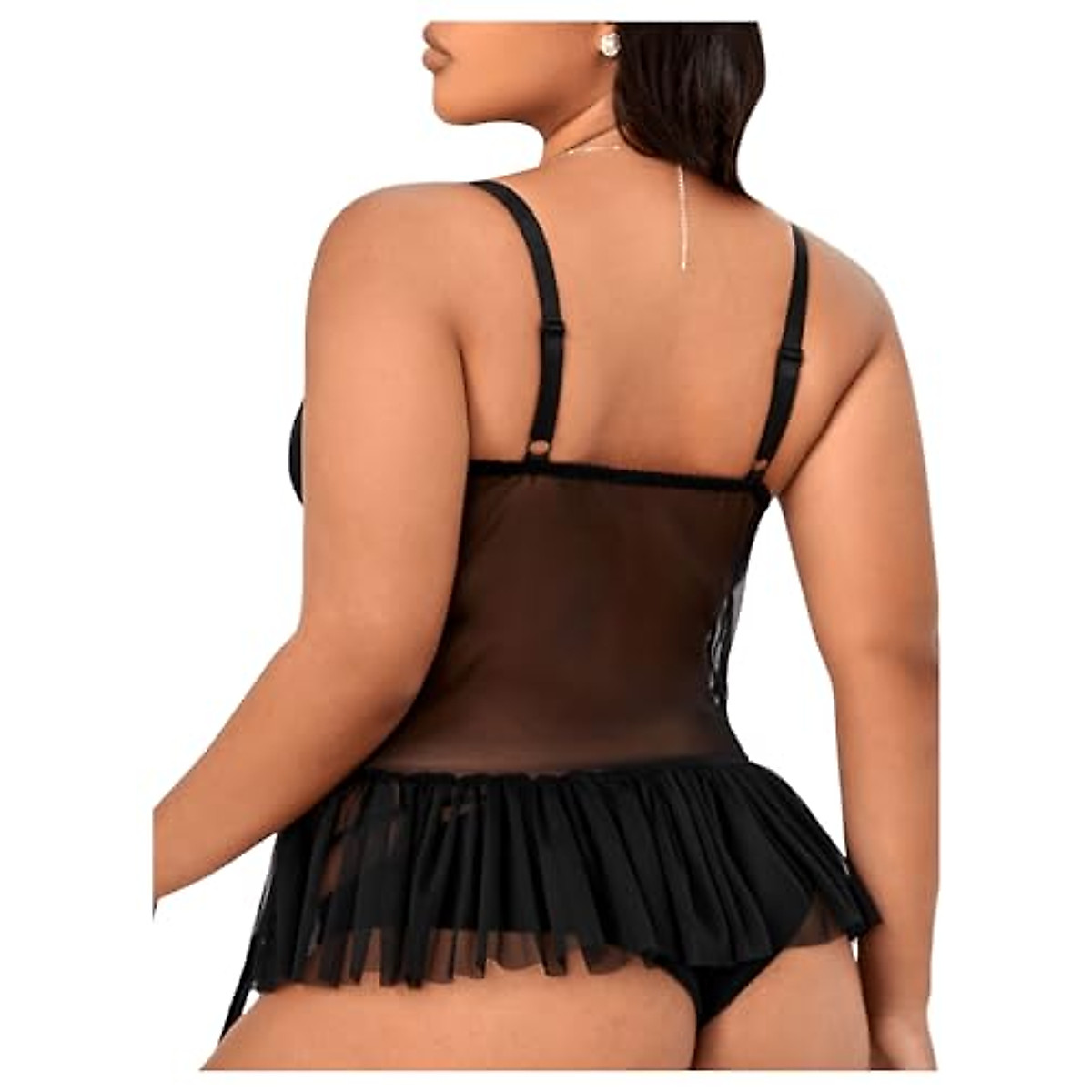 Milumia Women's Plus Size 4 Piece Floral Lace Ruffle Hem Underwire Babydoll Lingerie Sets Black 4X-Large Plus