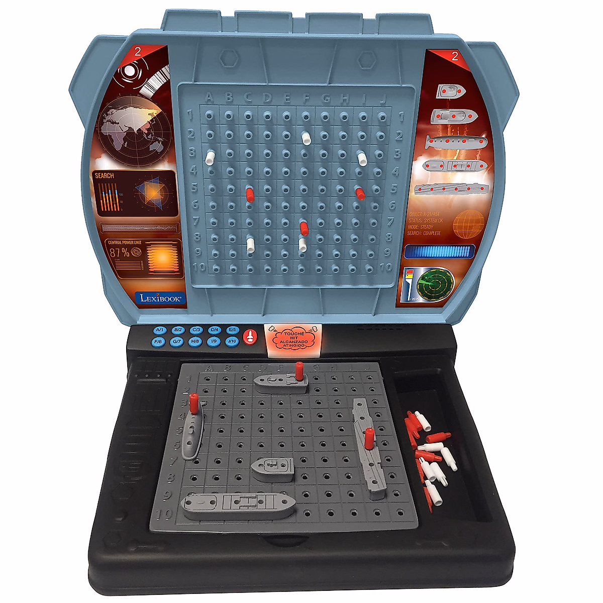 LEXIBOOK Talking Sea Battle (French, English, Spanish, Portuguese), Electronic Board Game 1 or 2 Players, Interactive, Light and Sound Effects, Strategy, Battery Operated, Grey/Black, GT2800US