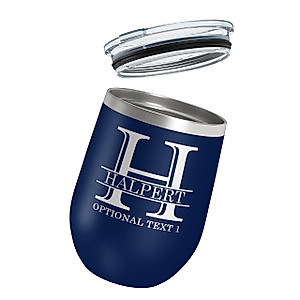 Personalized 12oz (17 Colors) Powder Coated Stainless Steel Stemless Wine Tumbler with Lid, Custom Etched, Customized Wine Gift for Women Her, Wine Lover, Halpert Monogram Initial Name (Navy Blue)