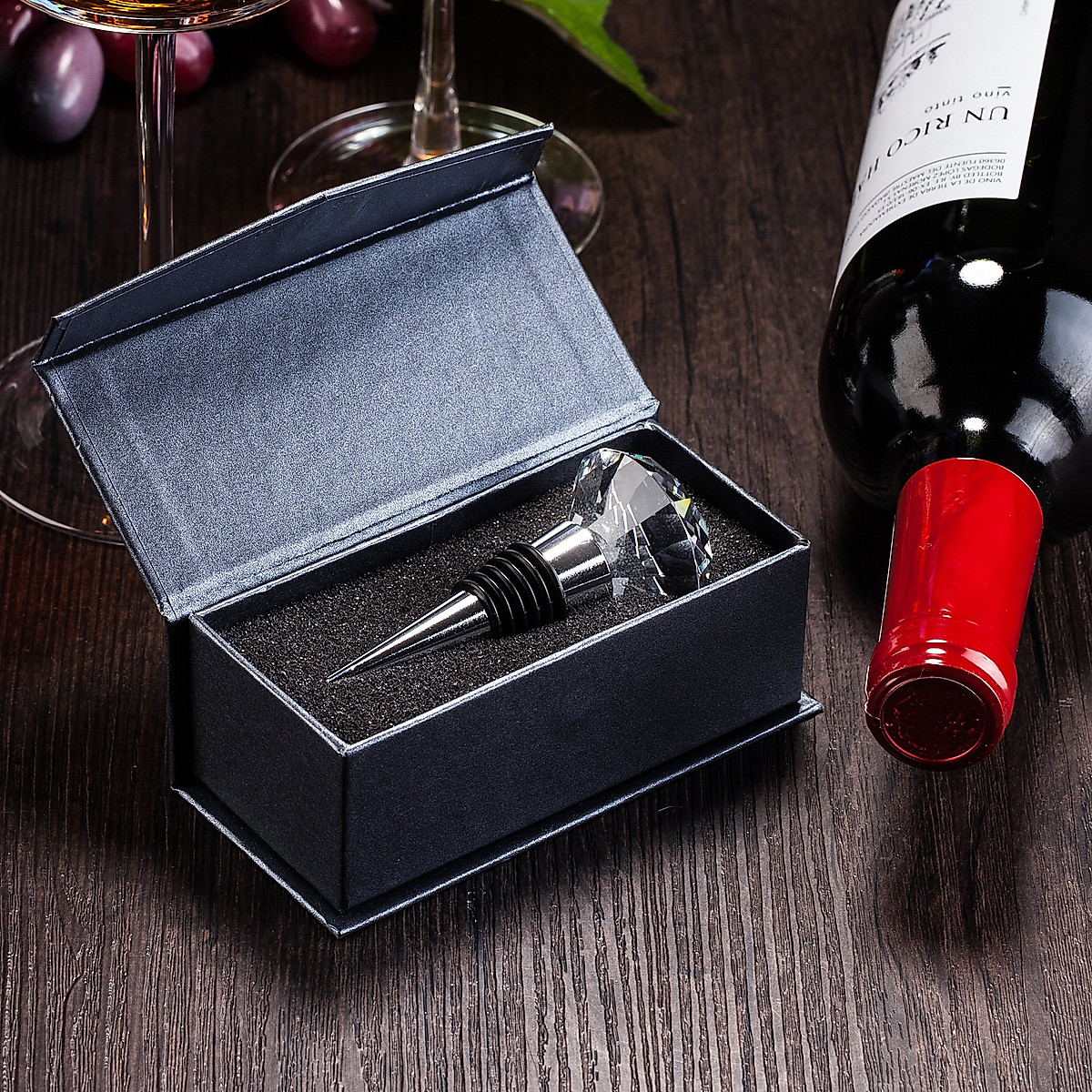 Decorative Metal Wine Stopper with Gift Box – Crystal Top and Silicone Seal – An Elegant, Secure, Best For Sealing Any Open Wine Bottle and Makes A Great Gift