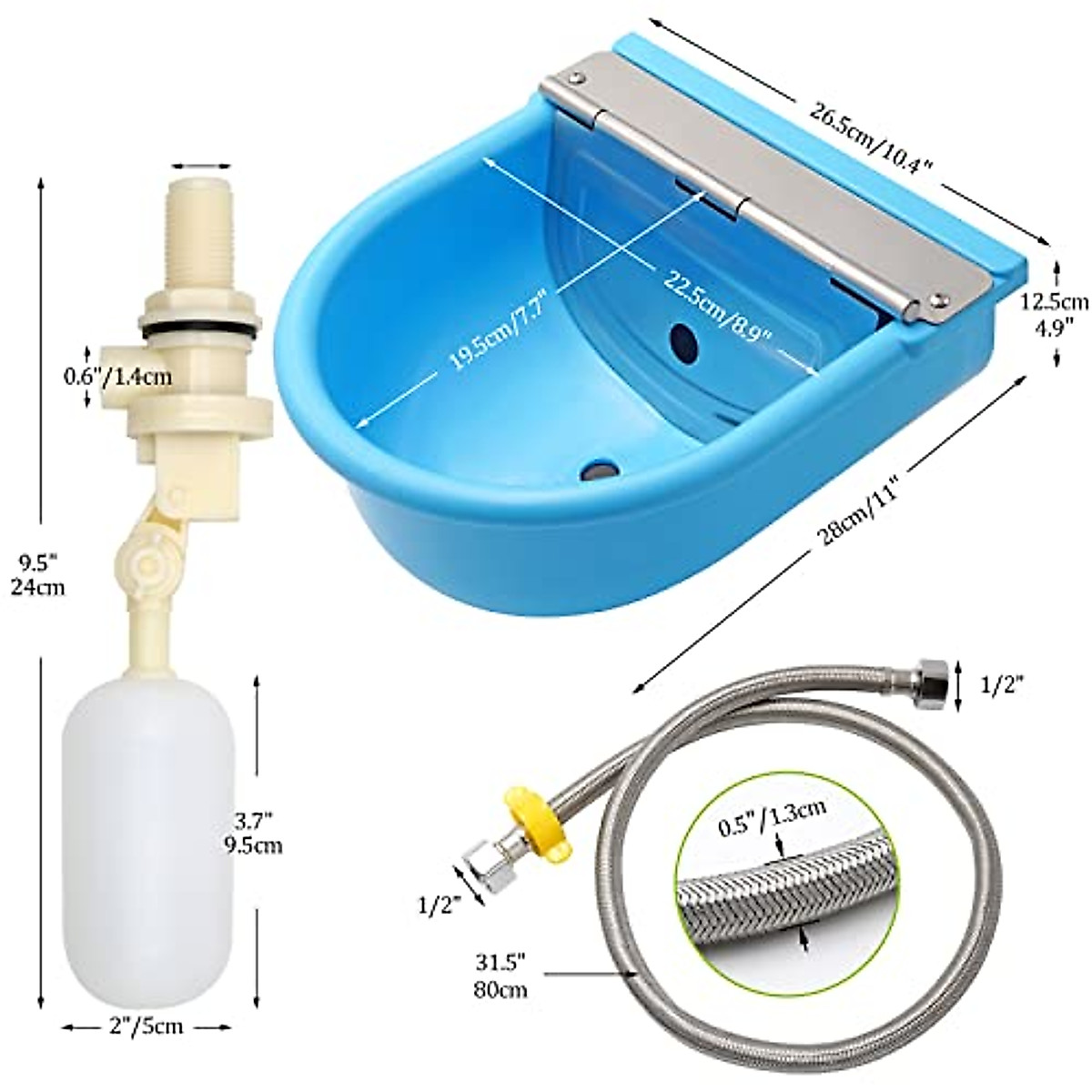 MINYULUA Automatic Waterer Bowl Large Horse Watering Bowl with Float Valve, Drain Plug & Braided Hose, Livestock Water Trough for Dog Goat Cattle Sheep Pig, Light Blue