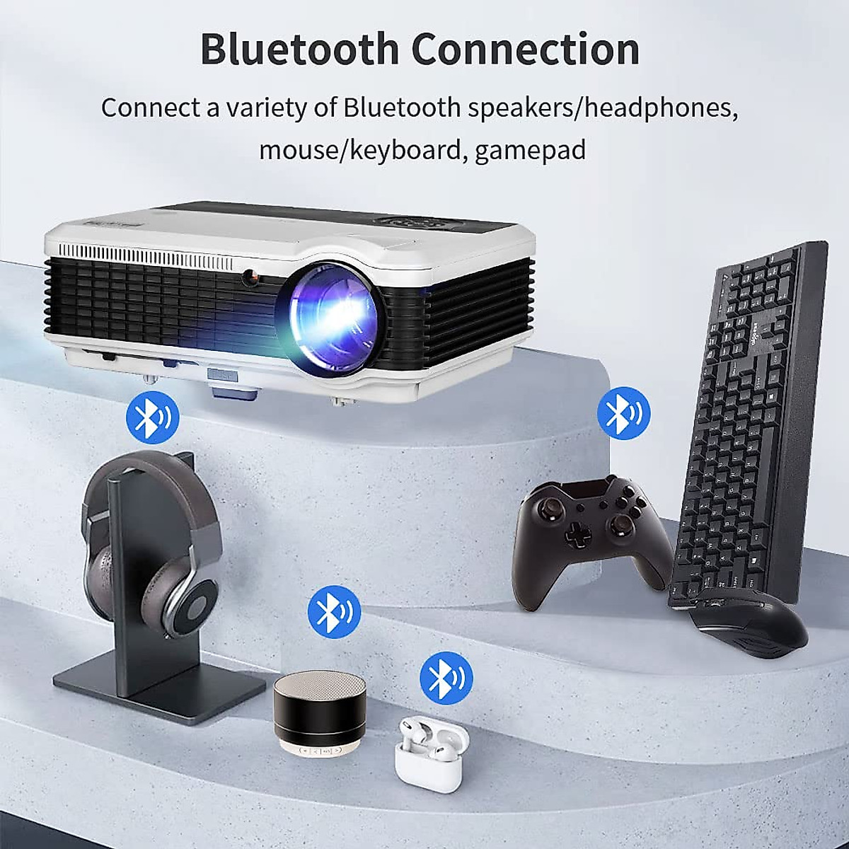 Smart Projector with WiFi & Bluetooth, 200" Indoor Outdoor Movie Projector with Wireless Phone Mirroring & HiFi Speaker, 8000LM Full HD 1080P Home Theater Projector for TV Stick Laptop DVD HDMI USB AV