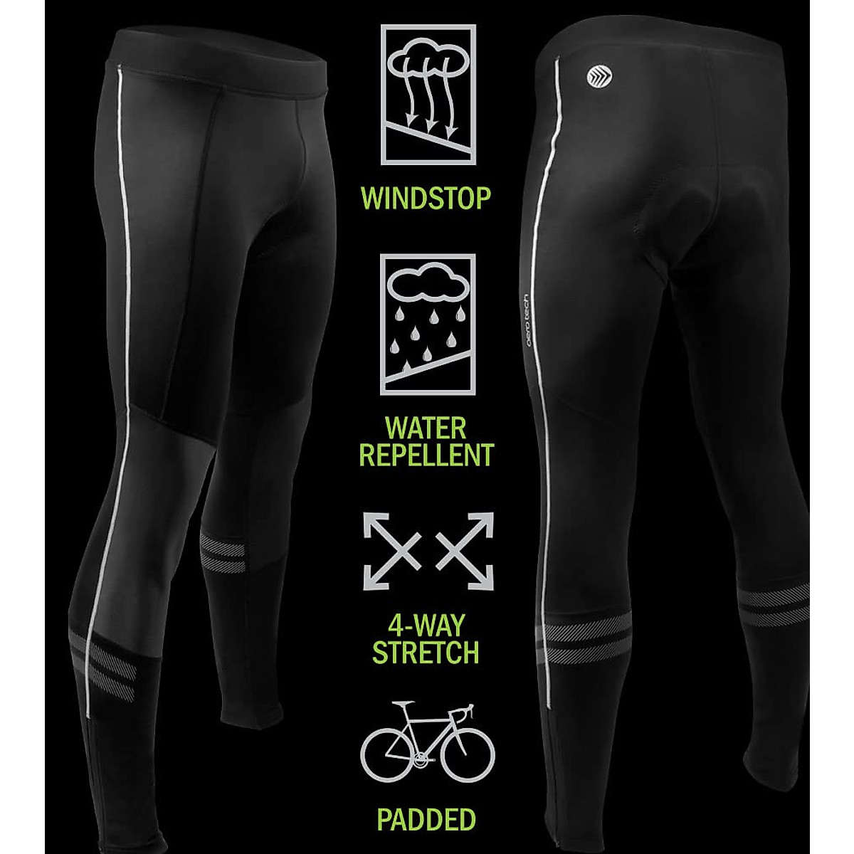 AERO|TECH|DESIGNS | Men's Windstop Padded Cycling Tights | Black | Large