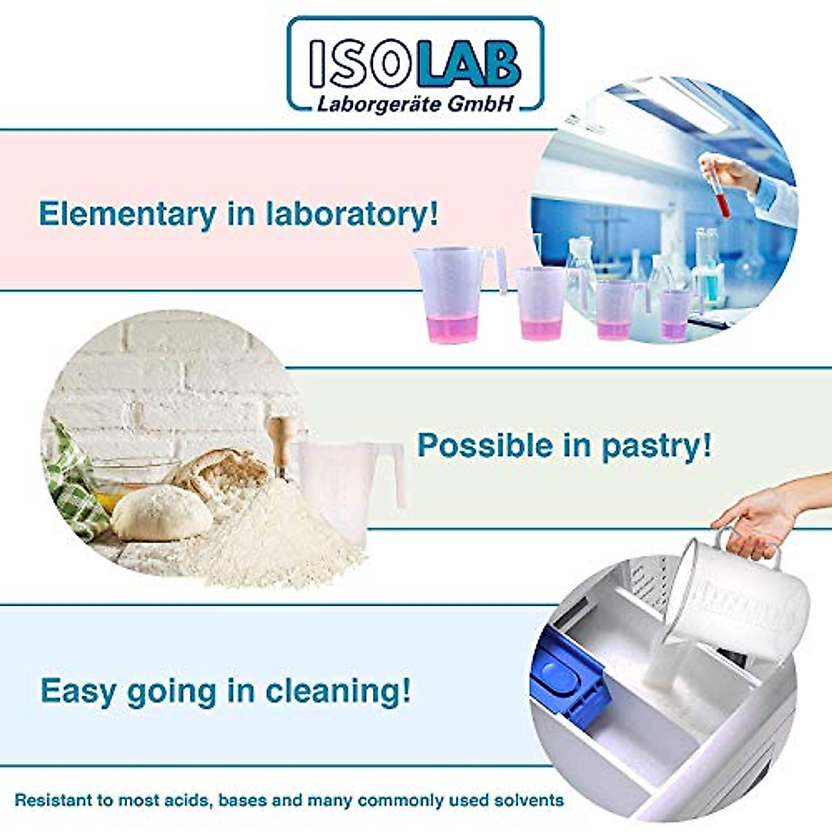 ISOLAB USA - 4 Pieces Premium Set of Laboratory Plastic Beaker With Handle, High Clarity, Polypropylene, Raised Graduations, Autoclavable, Lab Pitchers, (Beakers w/Handle, 4)