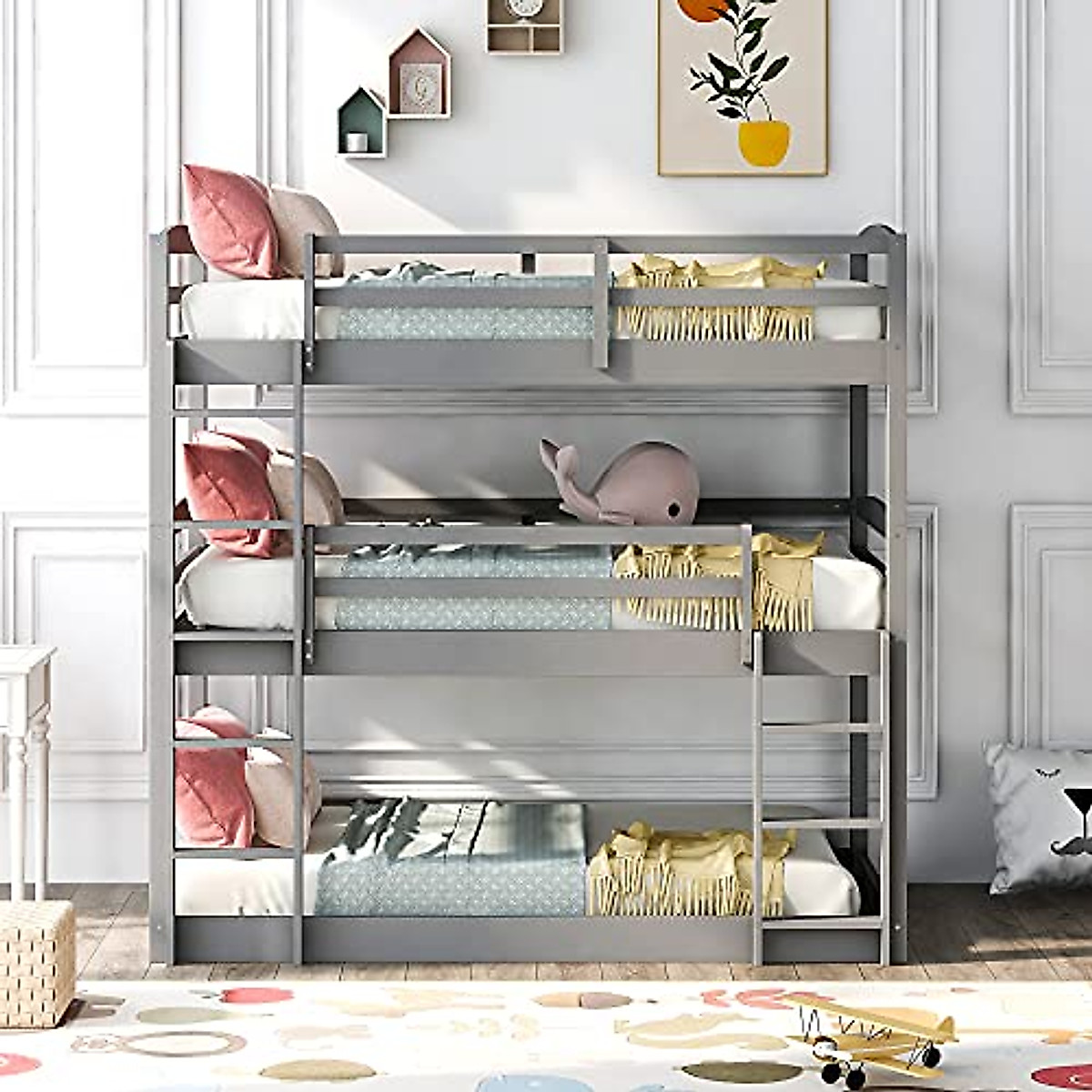 GLORHOME Twin Over Twin Triple Bed, Space Saving Wood Floor Bunk Bedframe with Safety Guardrail & Ladder for 3 Kids Teens, No Box Spring Needed, White