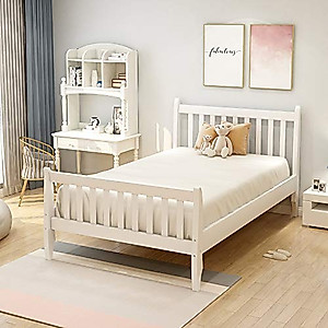 Homtique Solid Wood Twin Size Platform Bed Frame with Wooden Headborad Sturdy Slats Support Single Bed Frame for Kids and Adults,No Box Spring Needed,Easy to Assembly (White, Twin)