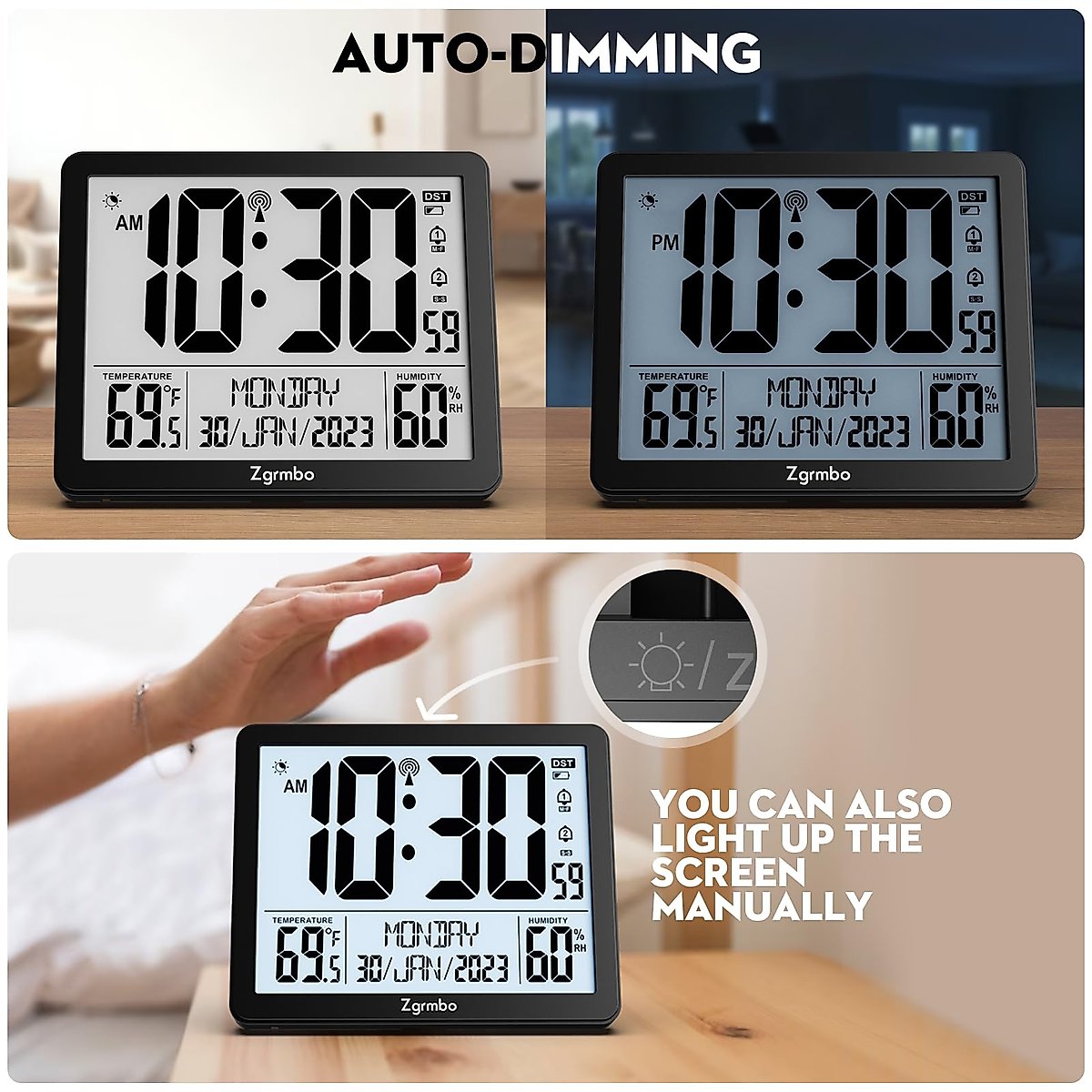 Zgrmbo Night Light Atomic Clock, Battery Operated Digital Clock, Alarm Clock for Bedrooms, Desk Clock with Indoor Temp, Humidity, Date, Accurate Atomic Clock(7 Time Zone) for Bedroom, Travel