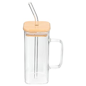 Hemoton Drinking Glasses with Wood Lids Beverage Tumbler Cup with 400ml Water with Handle Juice Cups Tall Drinking Glasses for Juice Milk Smoothie Coffee